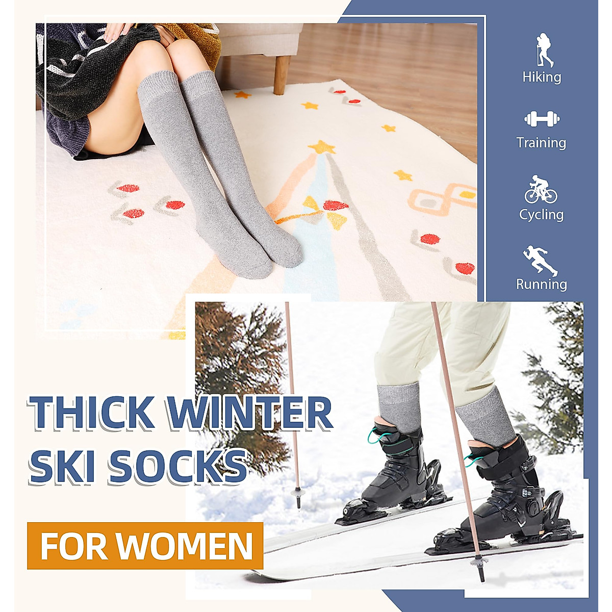 Eyean Women's Knee High Wool Socks Winter Thick Thermal Soft Comfy Over Knee Long High Socks 2 Pairs (Solid Color Black+Grey)