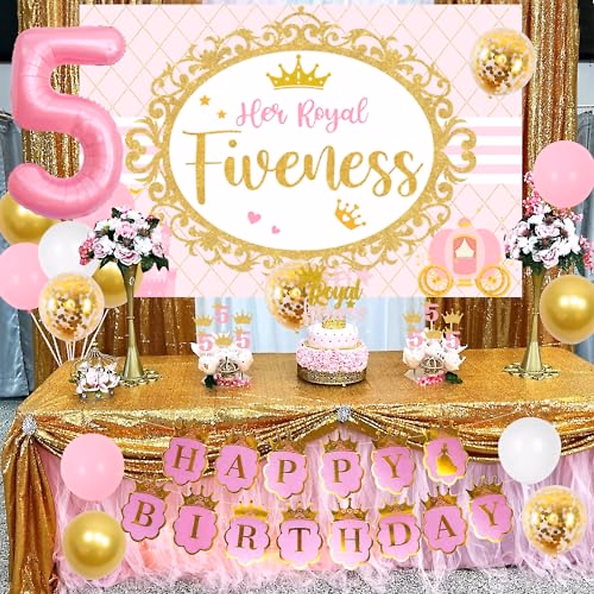 Sursurprise 5th Birthday Decorations for Girl Her Royal Fiveness Birthday Backdrop Cake Topper Sash Balloons for Princess 5 Years Old Birthday Party Supplies