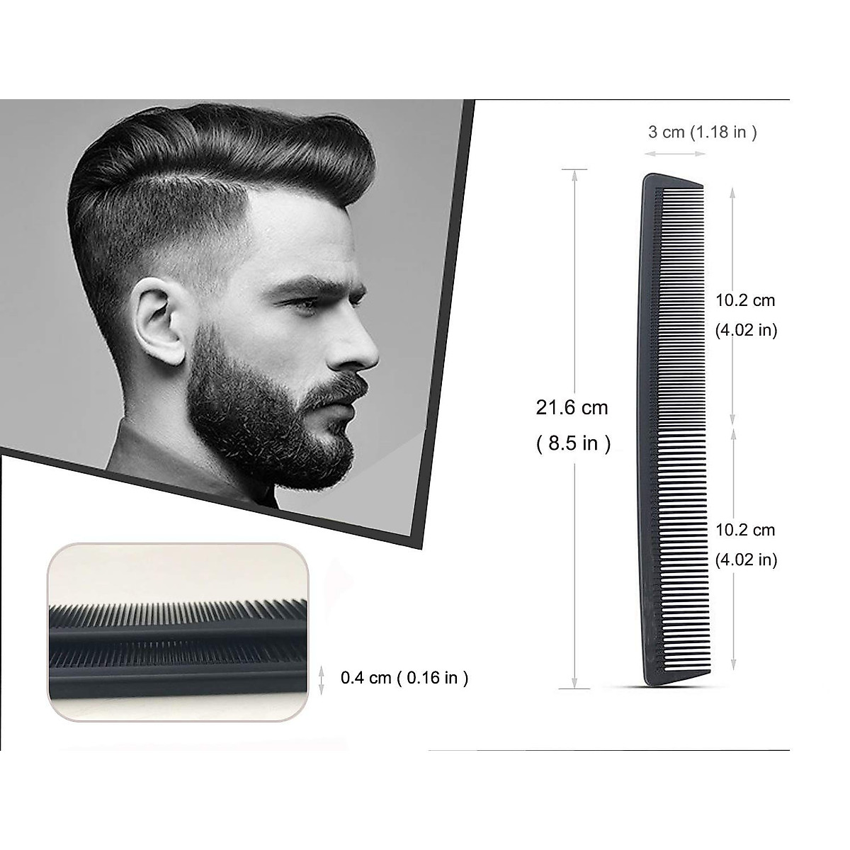 Professional Teasing Comb, Fine and Wide Tooth Hair Barber Comb, Black Carbon Fiber Cutting / Styling / Hairdressing Comb For All Hair Types