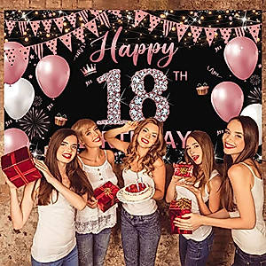 18th Birthday Decorations Backdrop Banner, Happy 18th Birthday Party Decorations for Girls, Rose Gold Birthday Photo Props Backdrop, 18 Year Old Birthday Party Sign Decor Fabric 6.1ft x 3.6ft PHXEY