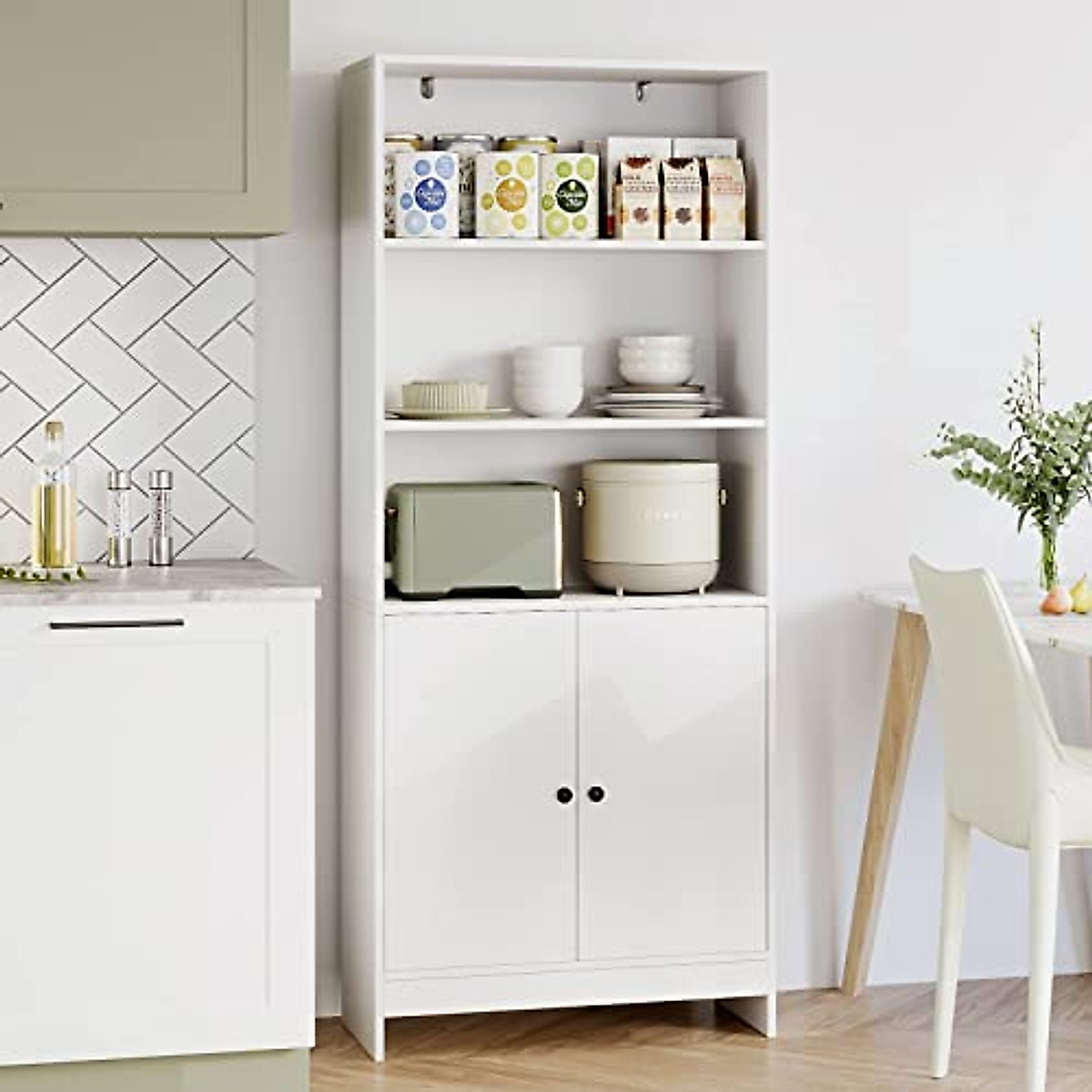 SHUANGZ 3 Tier Bookcase with Doors, 27.5 x 11.8 x 65.7 Inch Storage Organizer Cabinet with 3 Open Shelves, Tall Book Shelf Free Standing Floor Cabinet for Home Office, White