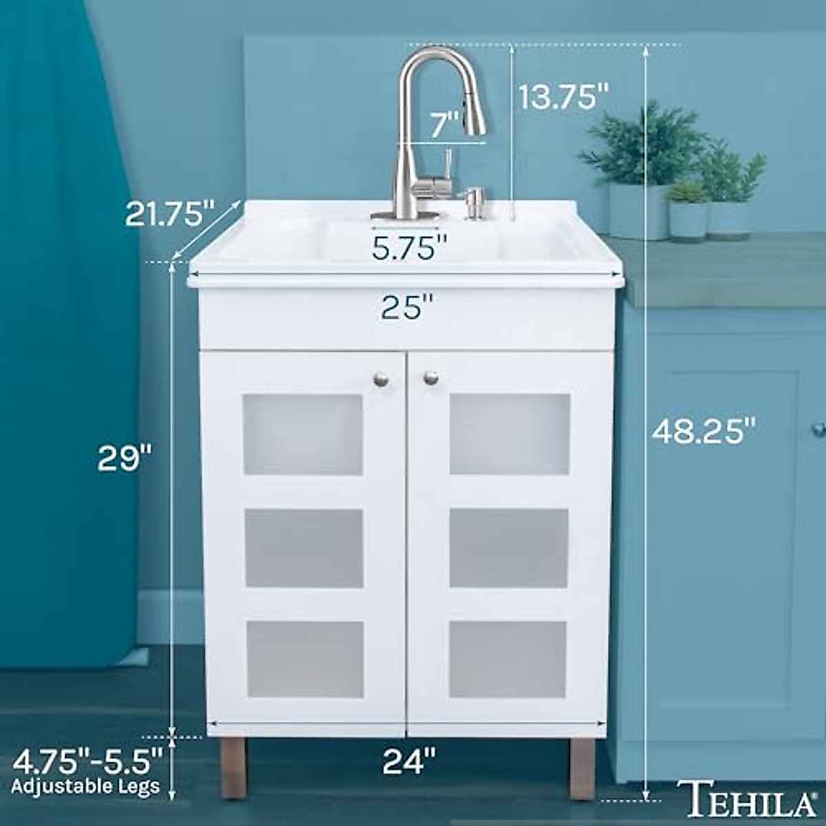 White Utility Sink in White Vanity, Stainless Steel Pull-Down Sprayer Faucet, Soap Dispenser and Spacious Cabinet by JS Jackson Supplies for Garage, Basement, Shop and Laundry Room
