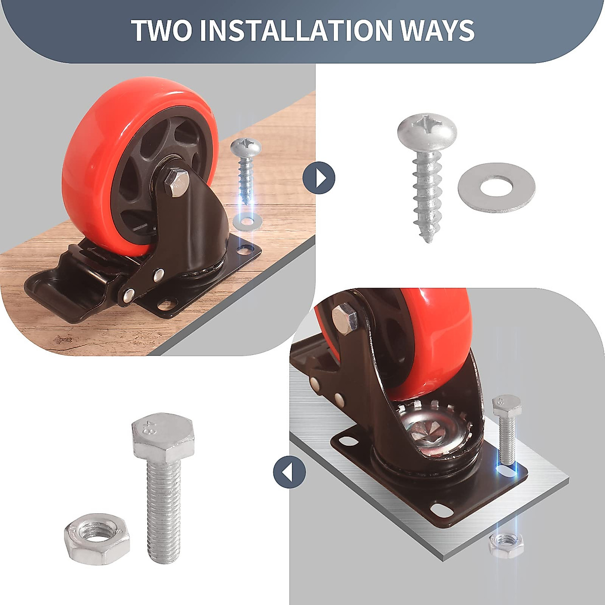 5 Inch Caster Wheels with Brake, Casters Set of 4 Heavy Duty 2000LBS, Safety Dual Locking Industrial Casters, Polyurethane Foam No Noise Wheels for Cart, Workbench(Two Hardware Kits Provided)