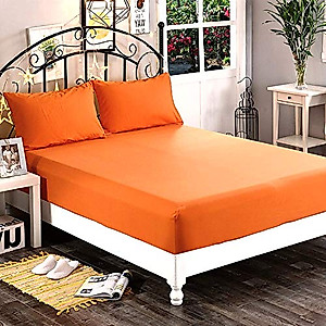 Cotton Home Depot Ultra Soft Silky Satin 4 Piece Sheet Set ( Flat Sheet + Fitted Sheet 17" Deep Pocket + 2 Pillow Cases ) Orange Queen