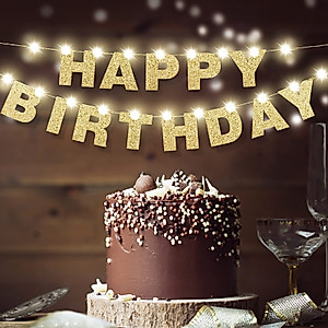 Happy Birthday Letters Banner Gold Happy Birthday Garland Decoration and 9.8 Feet Copper Wire Lights Birthday Banner Lights String for Birthday Party Decor Home Office Decor
