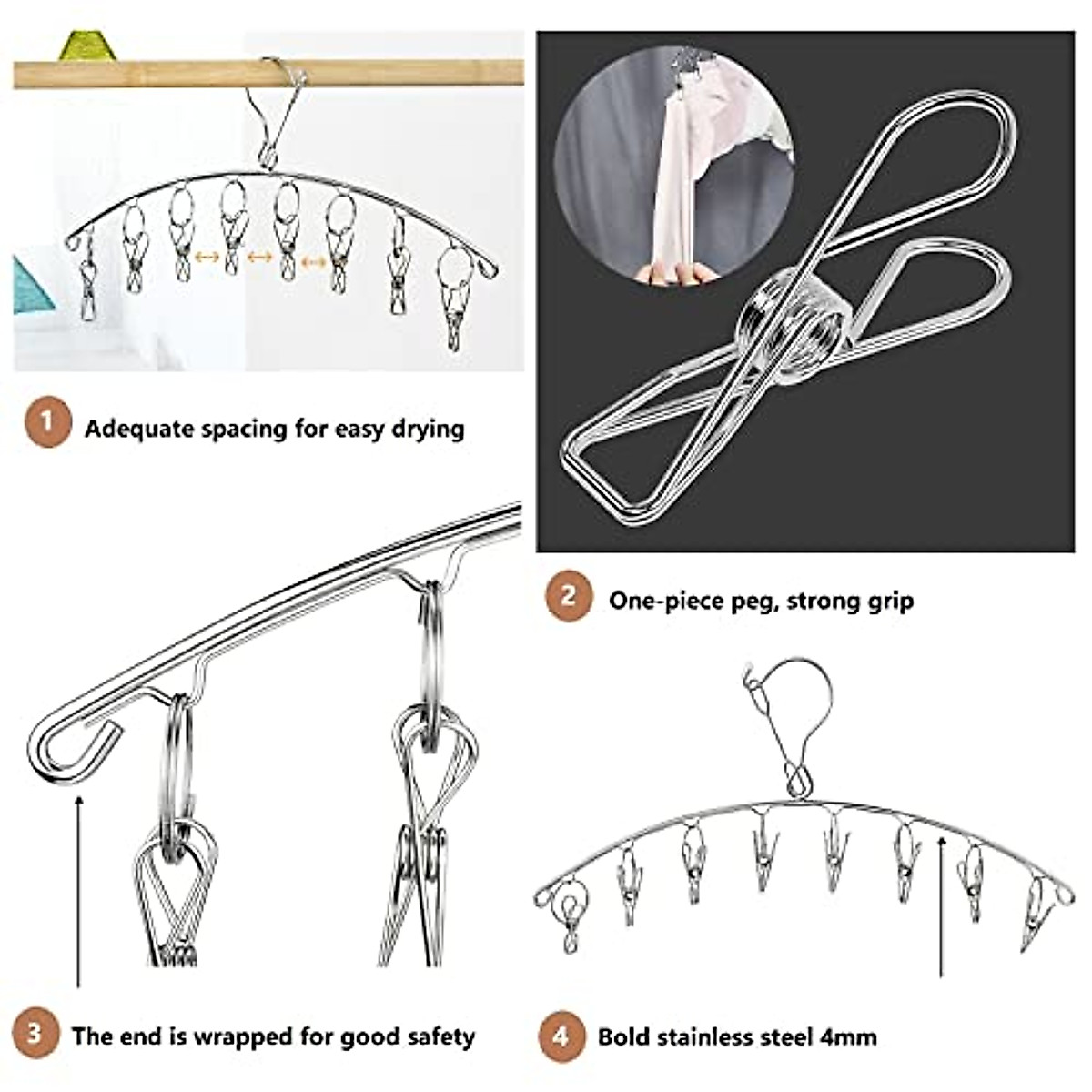 Mokife Sock Drying Racks Stainless Steel, 3 Pack Underwear Dryer with 8 Clips Swivel Laundry Hanger with Windproof Hook for Hanging Towels Bras Gloves Baby Clothes Indoor Outdoor
