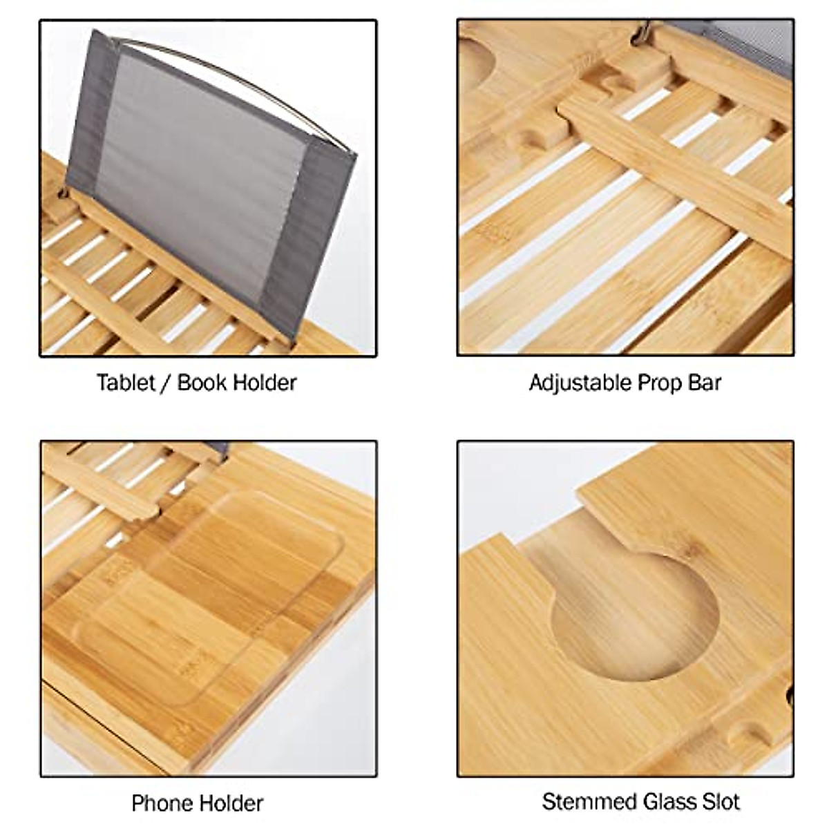 Bamboo Bath Caddy-Natural Wood Bathtub Tray with Extending Sides, Secure Cupholders and Water-Proof Book, Tablet, or Phone Holder by Lavish Home