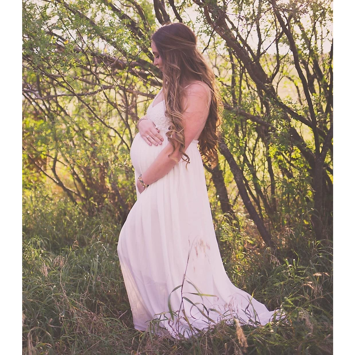 Ladmous Women's V Neck Floral Lace Wedding Dress Backless Bridesmaid Evening Party Maxi Dress White，S