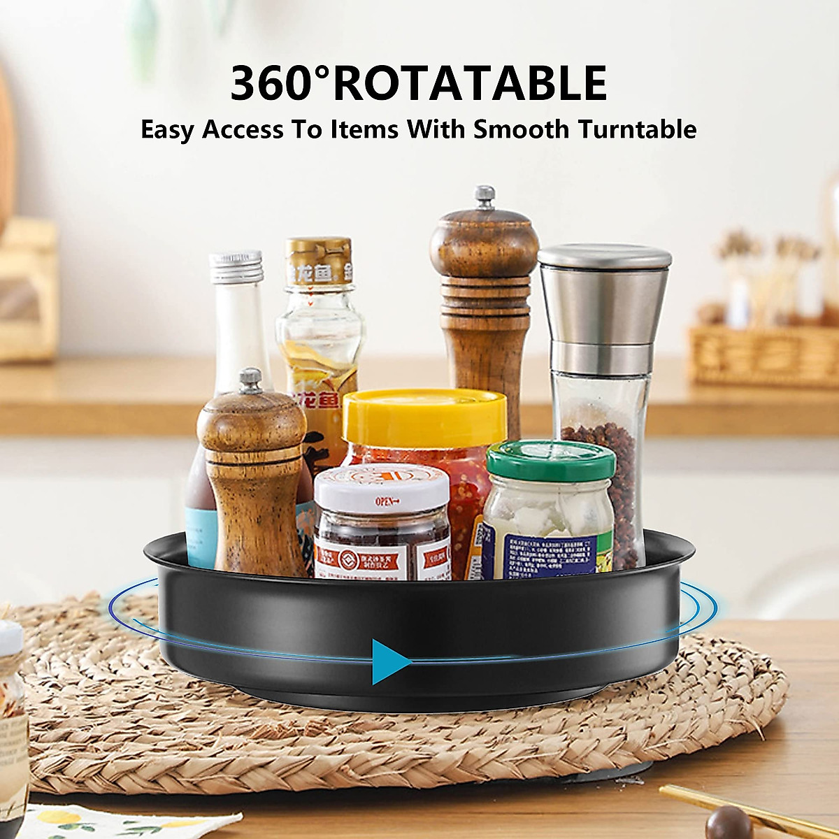 Large Lazy Susan Turntable Organizer 12-Inch, Rotating Spice Rack for Kitchen Cabinet Table Countertop Refrigerator Pantry, Steel (Black)