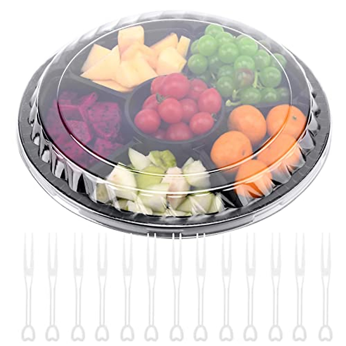 16 Pack Round Appetizer Serving Trays with Lids & 100Pcs Forks,6 Divided Compartments Disposable Food Storage Containers Serving Plate Veggie Trays(Black)