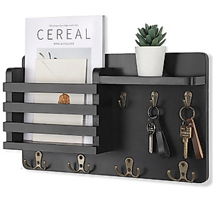 Nekon Mail Holder for Wall Mail Organizer with Key Hooks Hallway Farmhouse Decor Letter Sorter Made of Natural Pine with Floating Shelf and Flush Mount Hardware (16.8Inch x 10Inch x 3.2Inch) (Black)