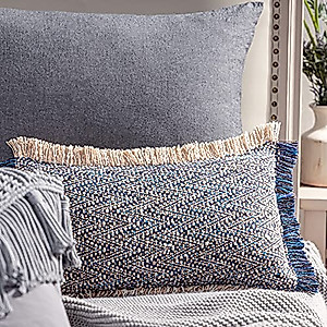 Phantoscope Decorative Boho Throw Pillow with Pillow Insert Included, Hand Woven Textured Pillow Cover with Fringe Trim, Modern Farmhouse Square Cushion Pillow, Dark Blue 12 x 20 Inches