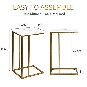 Possile C Shaped End Table Set of 2, Small Side Table for Sofa and Bed, Couch Tables That Slide Under, Snack Side Table for Living Room, Bedroom, White Faux Marble and Gold