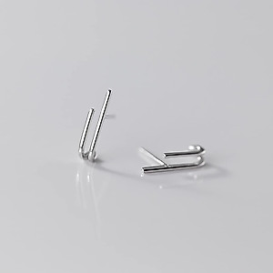Reffeer Solid 925 Sterling Silver Bar Huggie Stud Earrings Hoops for Women Bar Half Hoop Earrings Open Hoops (A-Silver)