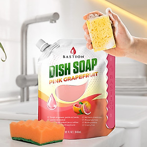 Bastion Dish Soap - Liquid Dishwashing Degreaser & Detergent - Pink Grapefruit Fragrance - 32oz Refill Pouch- All Natural - Cruelty-Free