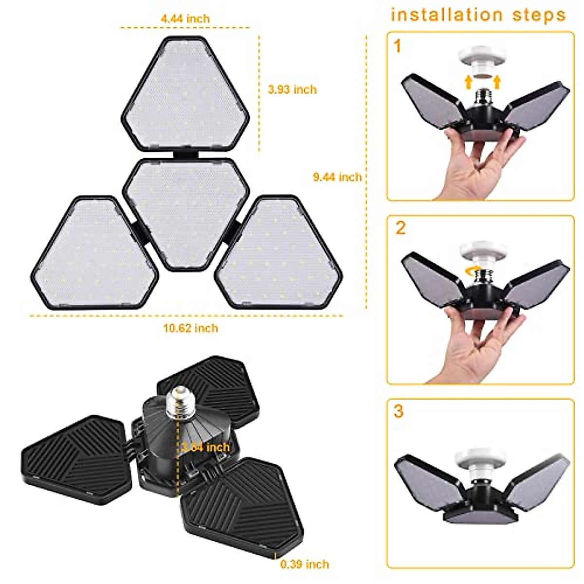 YWD LED Garage Lights 2 Pack 120W 12000 Lumens 6500K Daylight with Deformable Garage Ceiling Light E26/E27 LED Shop Light for Garage Basement Workshop Warehouse