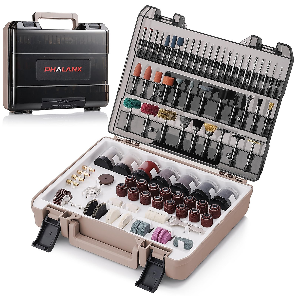 Rotary Tool Accessories Kit - 420PCS Rotary Tool Bits, PHALANX 1/8"(3.2mm) Diameter Shanks Universal Fitment with Carrying Case Easy Storage, Cutting Bits Polishing Wheel Carving Drilling Cleaning Etc