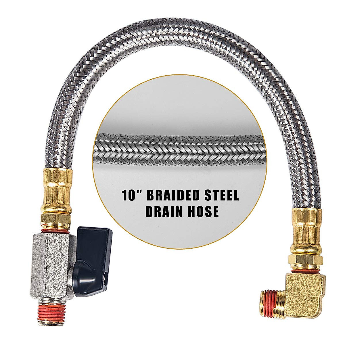 Breezliy Extended Tank Drain Valve Assembly Kit,10 Inch Braided Steel Hose 1/4 Inch NPT Drain Valve and Elbow Fitting for Air Compressor with Two Extra 1/4" to 3/8" Brass Adapter and Thread Seal Tape