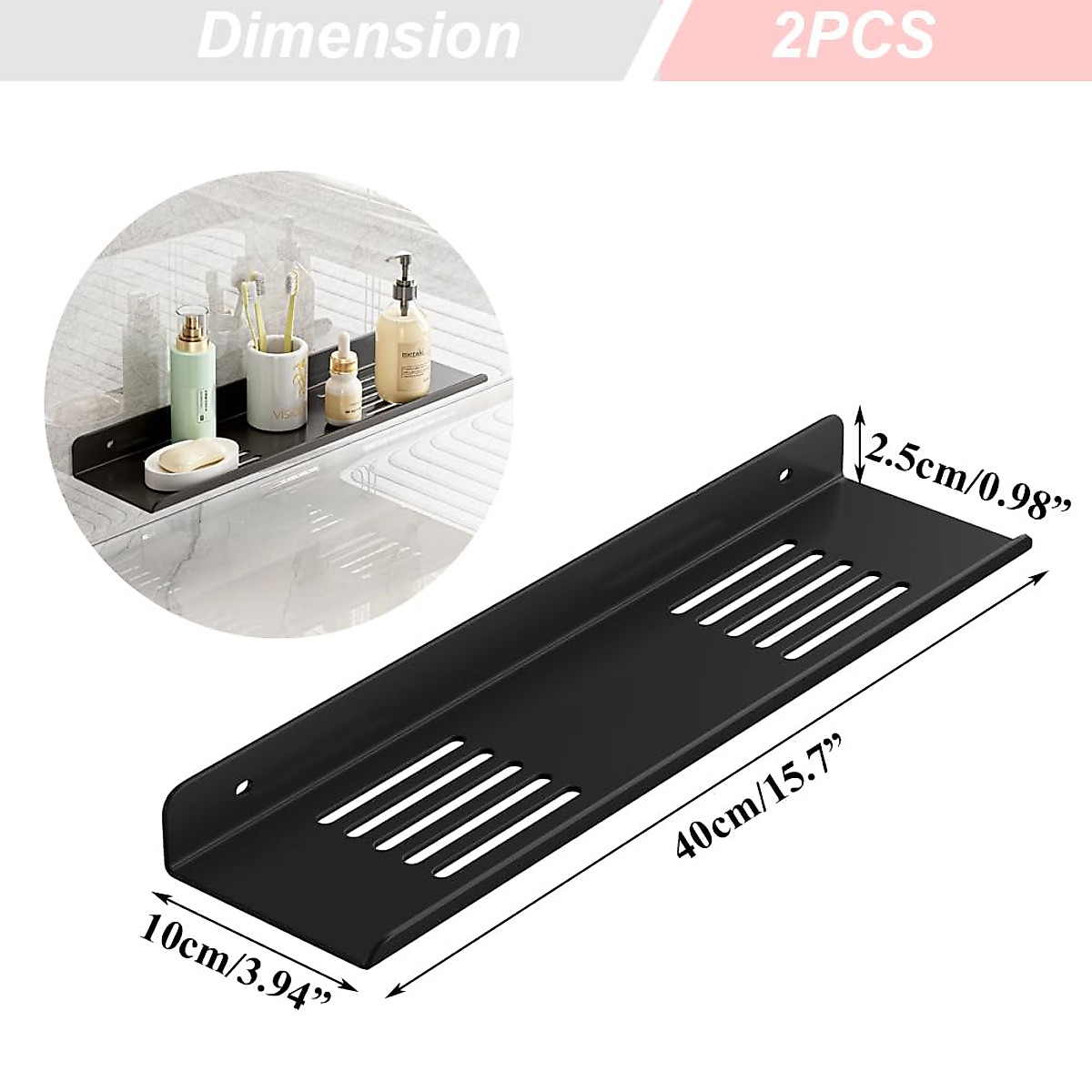 Over Sink Shelf Wall Mounted for Bathroom Mirror Behind Faucet Floating Tray Narrow Counter Organizer Shelf Self Adhesive Shower Shelves for Bathroom, Laundry Room, Kitchen, Farmhouse, RV, 15.7"x2