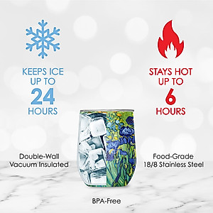 RainCaper 18/8 Stainless Steel Insulated Stemless Wine Tumbler | 12oz, BPA-Free, Double Wall for Hot & Cold | Travel-Friendly, Cup Holder Ready (van Gogh Irises)
