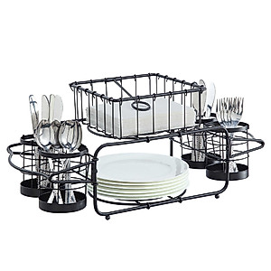 Giftburg Farm Buffet Caddy Tabletop Organizer, Flatware Napkin and Plate Picnic Caddy Stackable Serving Set, Black