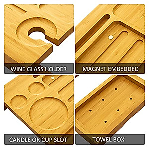 Premium Bamboo Bath Tray Table,Bathtub Caddy Table with Book Wine Phone Holder,Expandable Bathtub Tray with 2 Sliding Trays