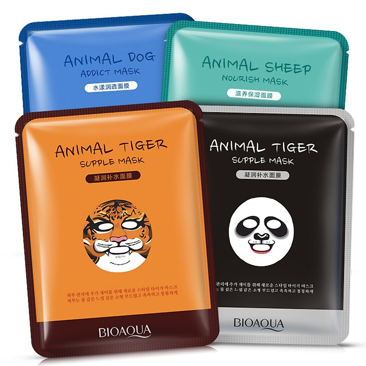 BIOAQUA Animal Face Mask Sheet Enriched with Natural Serum for Radiant and Nourished Skin At Home Spa Moisturizing Facial with Fun Animal Characters: Panda Tiger Sheep Dog (4 Sheets Variety Pack)
