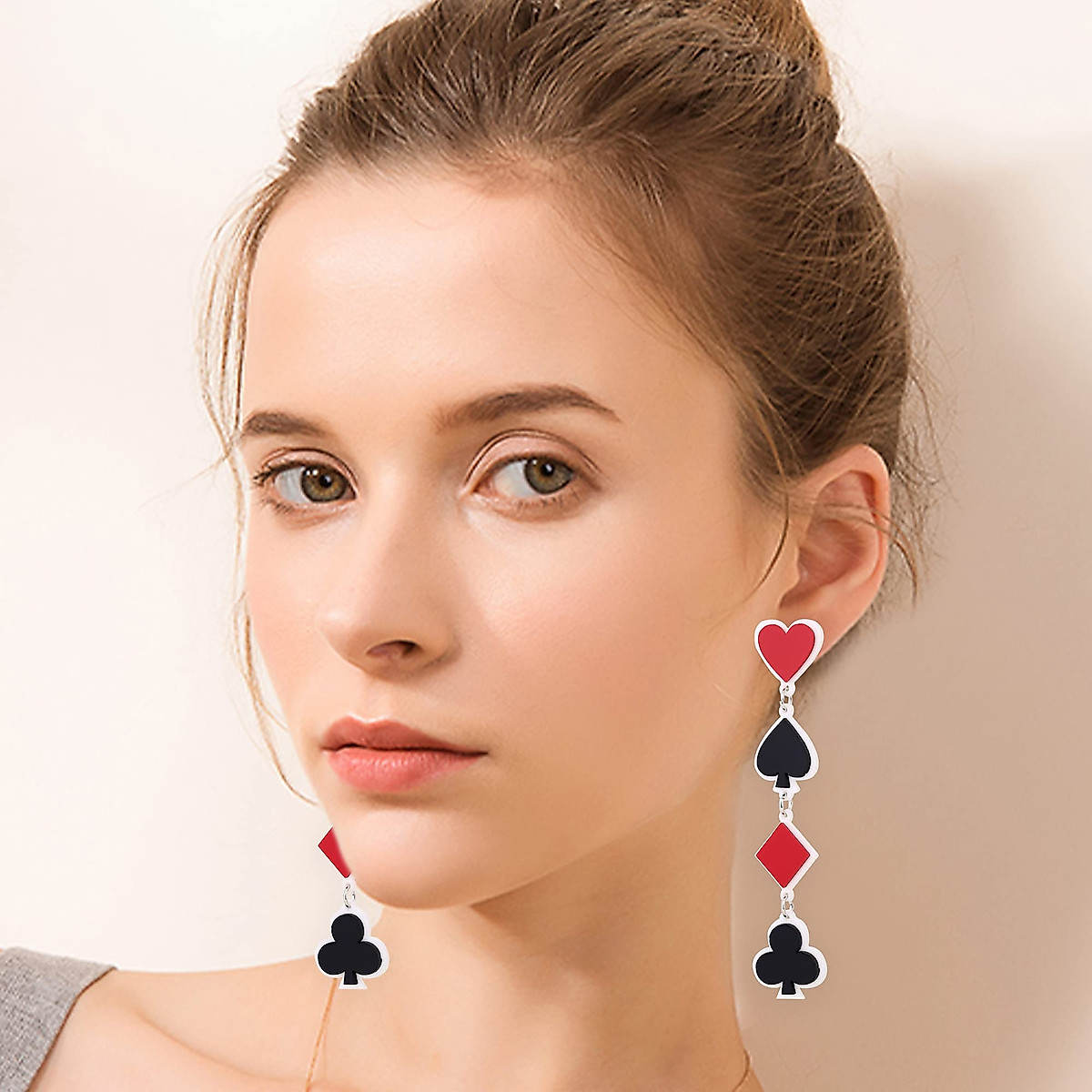 Unique Funny Playing Cards Pattern Dangle Drop Earring Personality Asymmetric Acrylic Spades Hearts Plum Poker Earrings for Women Gift Statement Nightclub Party Jewelry (Long Design)