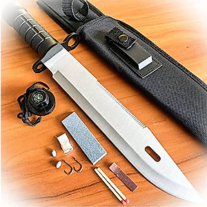 New 15" Tactical Hunting Fixed Blade Silver Knife Machete Bowie w Survival Kit Camping Outdoor Pro Tactical Elite Knife BLDA-0835