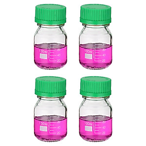 PATIKIL 4 Pack Reagent Media Storage Bottles, 100ml Borosilicate Glass Graduated Round Bottles with GL32 Green Screw Cap for Lab Water Reagent Liquids, Clear