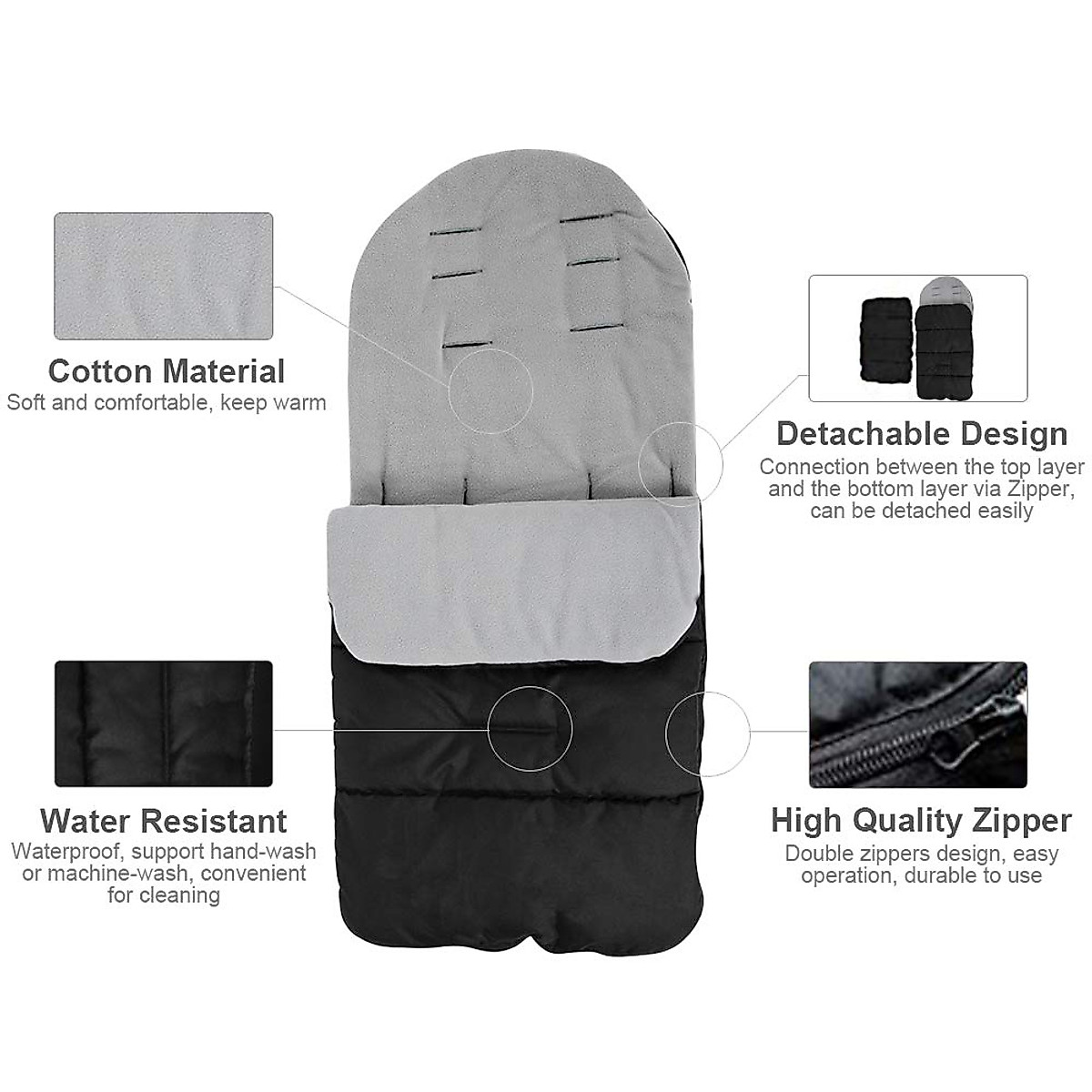 Kidsidol Baby Sleeping Bag Universal Bunting Bag Stroller Footmuff Cover 3-in-1 Baby Stroller Blanket Waterproof Windproof Stroller Annex Mat Keep Warm and Detachable (Grey)