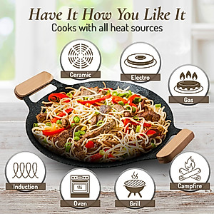 FRESHY CHEF Korean Grill Pan - 15 Inch Non-Stick Aluminum Korean BBQ Grill Pan with 2 Wooden Holders, Rack, and Storage Bag - Lightweight Aluminum Griddle Pan for Stove Top, Induction, Camp Fire