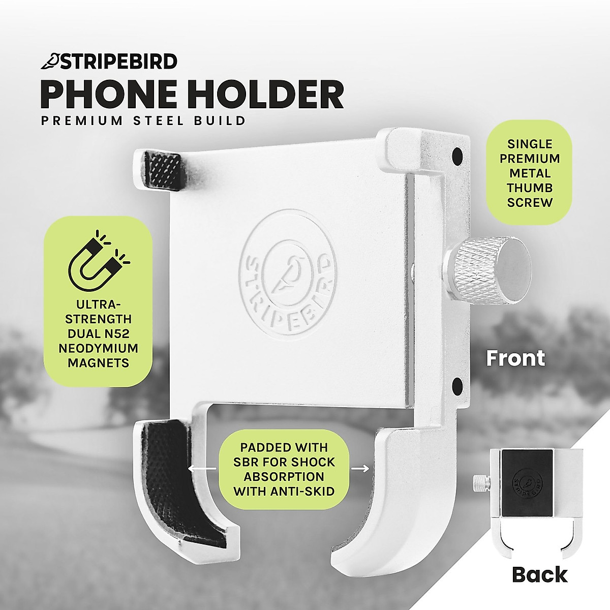 Stripebird Golf Magnetic Phone Holder (White), Universal Compatibility, No Installation Required