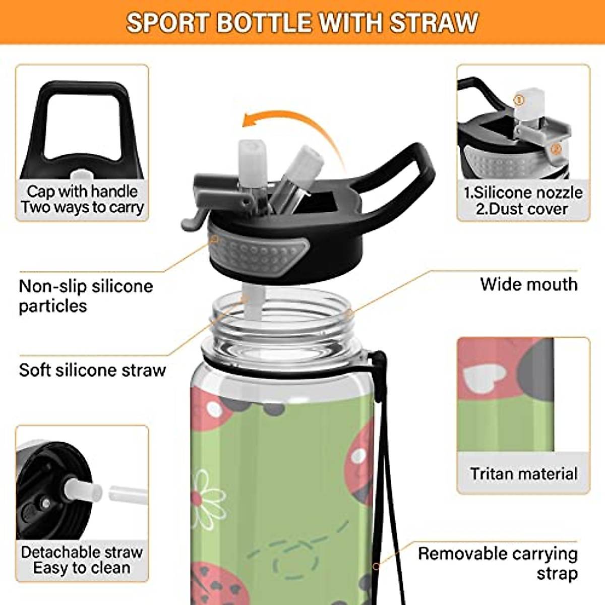xigua Ladybug Water Bottle with Straw Lid,32 oz Leakproof Sport Water Bottle with Wide Handle for Gym,Cycling,School,Travel