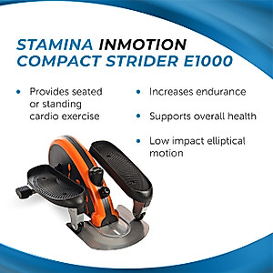 Stamina InMotion E1000 Compact Strider - Seated Ellipticalwith Smart Workout App - Foot Pedal Exerciser for Home Workout - Up to 250 lbs Weight Capacity - Black Orange