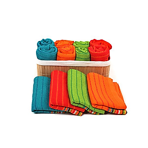 Kitchen Dish Towels Salsa Stripe - 100% Natural Absorbent Cotton Salsa Towels (28 x 16 inches) Festive Red, Orange, Green and Blue, 12-Pack