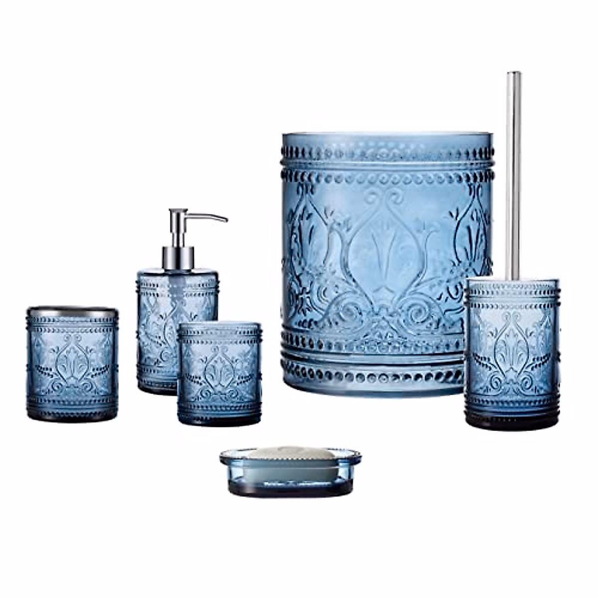 5PCs Dark Blue Glass Bathroom Accessories Set with Decorative Pressed Pattern - Includes Hand Soap Dispenser & Tumbler & Soap Dish & Toothbrush Holder & Wastebasket