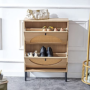 Shoe Storage Cabinet, Wekity Rattan Shoe Cabinet with 2 Flip Drawers, Narrow Free Standing Shoe Cabinet for Heels Slippers Boots, Wood Shoe Storage Organizer for Entryway Hallway 6X23X31 Inch (Nature)