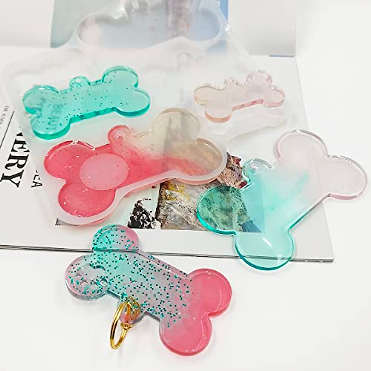 6 PCS Pet Tag Resin Molds, AFUNTA Dog Bone Shaped Tag Silicone Molds Photo Memorial Resin Molds Silicone with 10 Key Rings, for DIY Keychain Pet Tag Pendant Craft