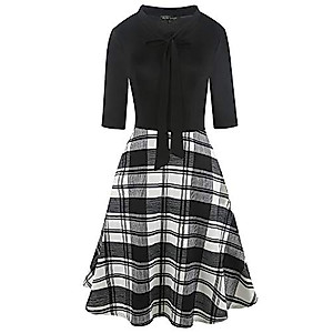 oxiuly Women's Vintage Bow Tie V-Neck Pockets Casual Work Party Cocktail Swing A-line Dresses OX278 (S, BK-Wp P5)