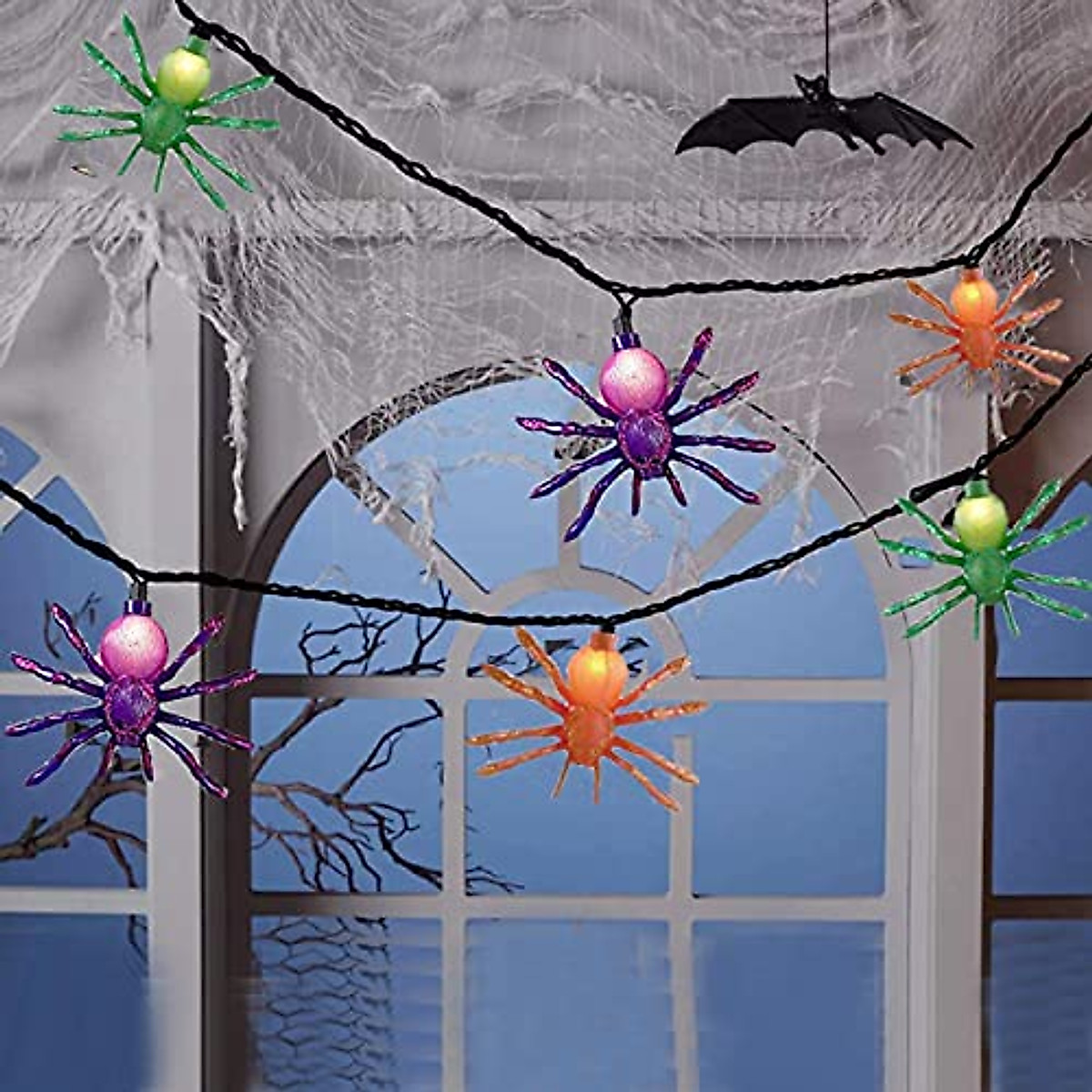 SUNSGNE Halloween Spider String Lights, 8.5Ft Halloween String Lights with 10 Spider Lights, Plug in Hanging Halloween String Lights for Halloween Party, Curtain, House, Garden, Yard, Halloween Decor