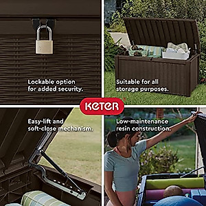 Keter Borneo 110 Gallon All Weather Weatherproof Rattan Wicker Resin Outdoor Backyard Patio Porch Deck Organization Storage Box Bench, Brown (2 Pack)