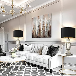 Set of 2 Mercury Crackle Glass Lamps for Bedroom with 2 USB Ports 3-Color Temperature Dimmable Contemporary Silver Living Room Lamps Modern Nightstand Lamps with Black Lampshades(Bulbs Included)