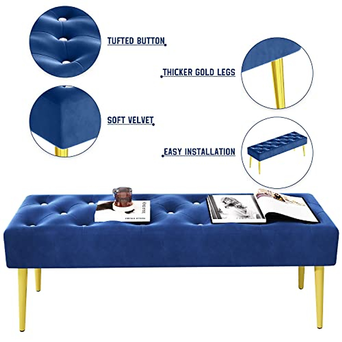 Lamerge Velvet Entryway Bench, Modern Upholstered Tufted Ottoman Stool with Embedded Crystal, Footrest Accent Bench end of Bed Stool for Doorway, Living Room, Lock Room, Bedroom 44"×15"×18" (Blue)