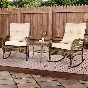 DECMICO Wicker Rocking Chair Set of 2, Patio Conversation Bistro Set, Rattan Outdoor Rocker Chairs with Cushions and Side Table, Wicker Porch Furniture for Backyard, Garden, Beige