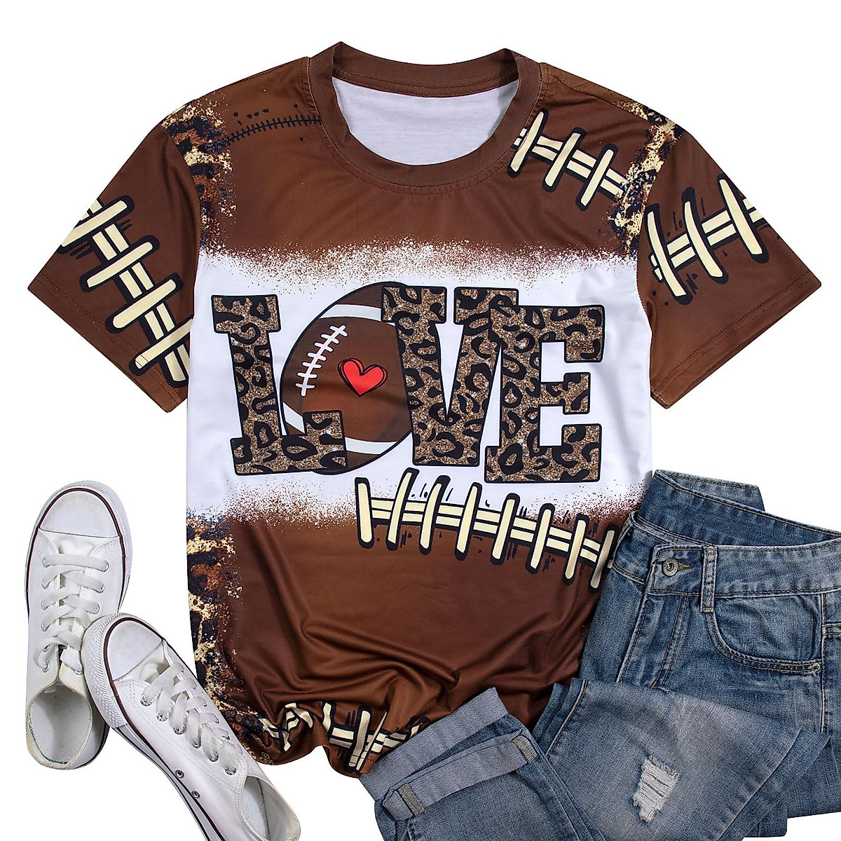 Women Football Shirt Game Day Shirt Love Football Print Tee Football Season T-Shirt Vintage Bleached Short Sleeve Top Bronze