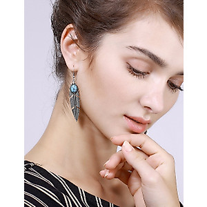 XZP Women's Created-Turquoise Earrings Bohemian Compressed-Turquoise Jewelry Mother Gifts Pendant Metal Tribal Feather Tibetan Dangle Drop Earrings for Women