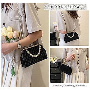 SUKUTU Women Luxury Full Rhinestone Shoulder Bag Noble Kiss Lock Crystal Messenger Bag Clutch Handbag with Pearl Beaded Chain
