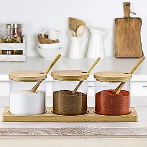 MDLUU Condiment Jars with Bamboo Lids and Spoons, Seasoning Box Set with Bamboo Tray, Spice Containers for Sugar, Salt, Pepper, 300ml/10oz, Pack of 3