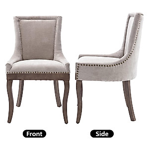 Aoowow Fabric Vintage Upholstered Side Chairs Set of 4, Farmhouse Solid Wood Kitchen Dining Room Chairs with Nailheads Legs (Fabric Beige)